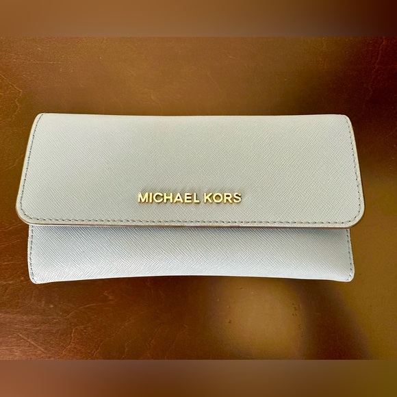 Michael Kors | Bags | Michael Kors Large Trifold Wallet Powder Blue ...